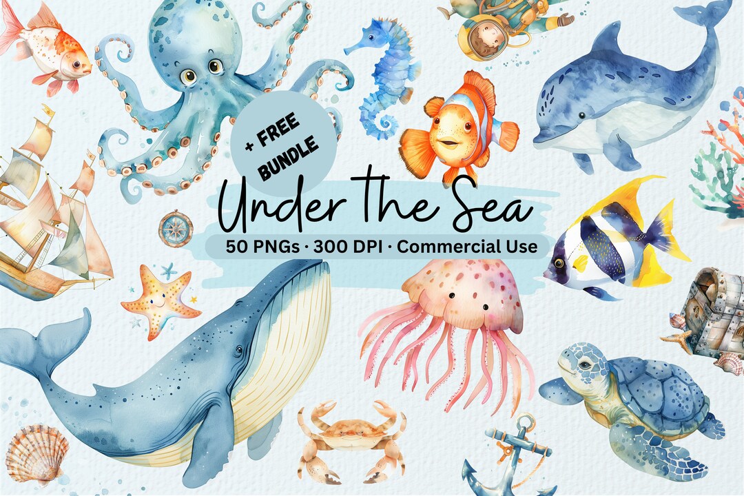 Watercolor Underwater Clipart Bundle | Cute Ocean Animals PNG | Under ...