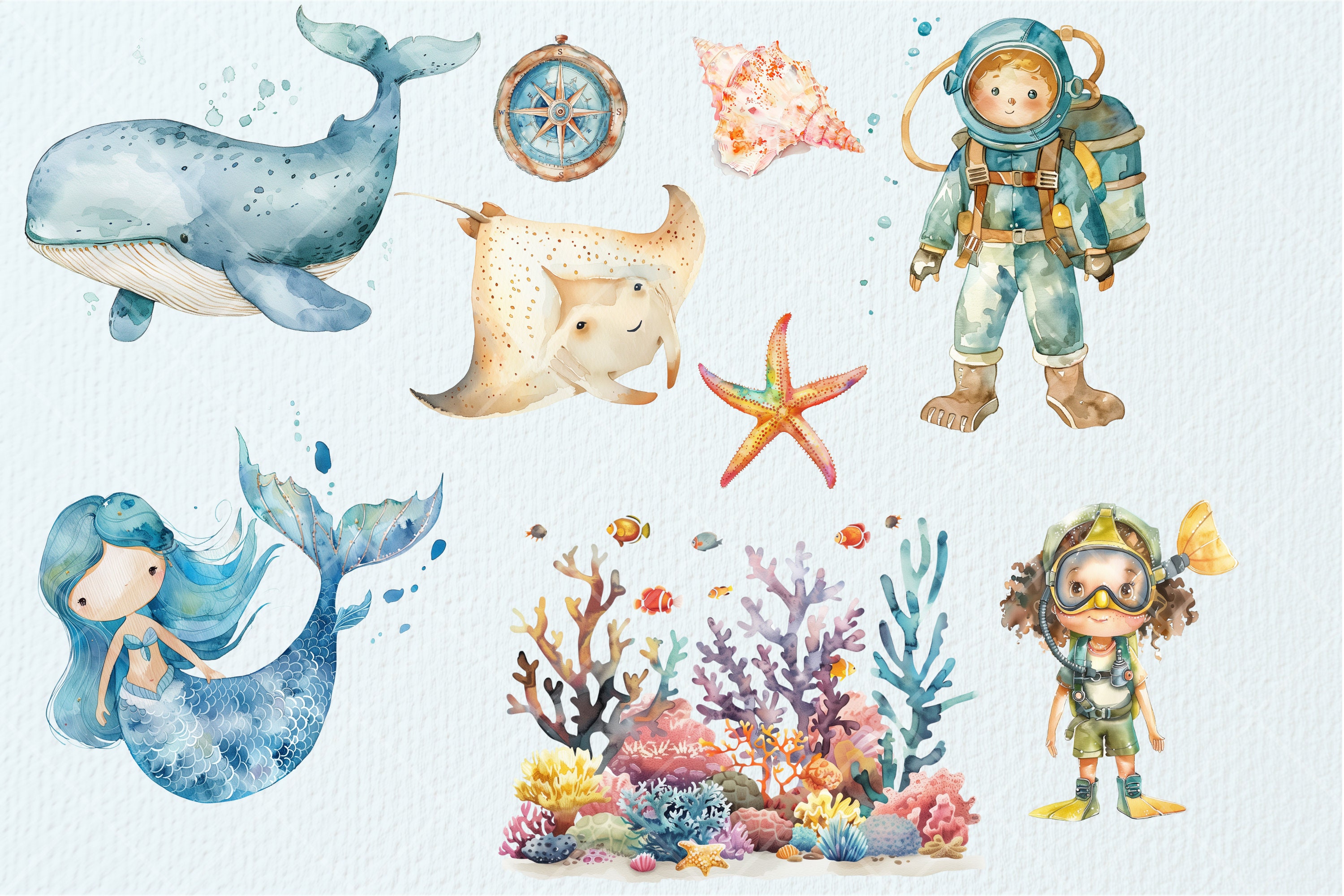 Watercolor Underwater Clipart Bundle Cute Ocean Animals PNG Under the ...