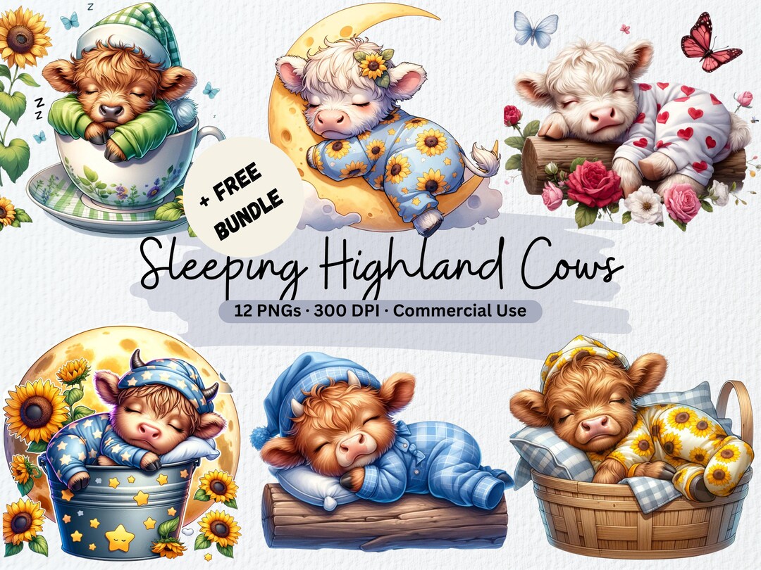 Watercolor Sleeping Animals Clipart | Highland Cow Clipart | Baby ...
