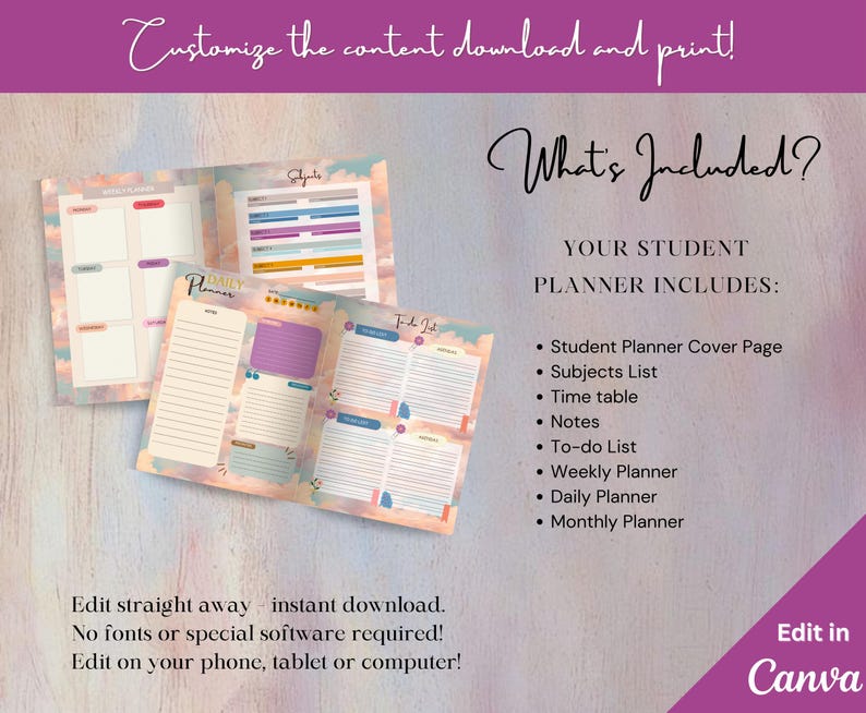 Student Planner 2025 Editable Printable | Pink Cloud Special Ultimate ...