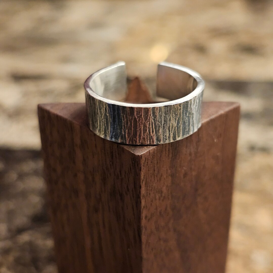 Rustic Tree Bark Ring Open Cuff Sterling Silver Wood Grain Band ...