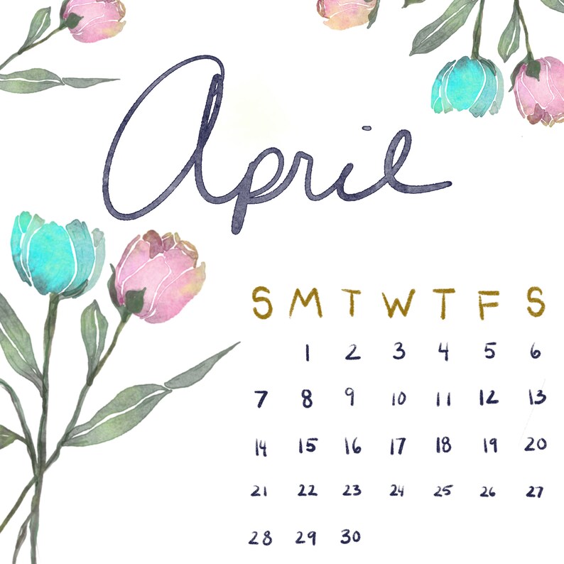 Digital Download Month of April Calendar With Beautiful Water Color ...
