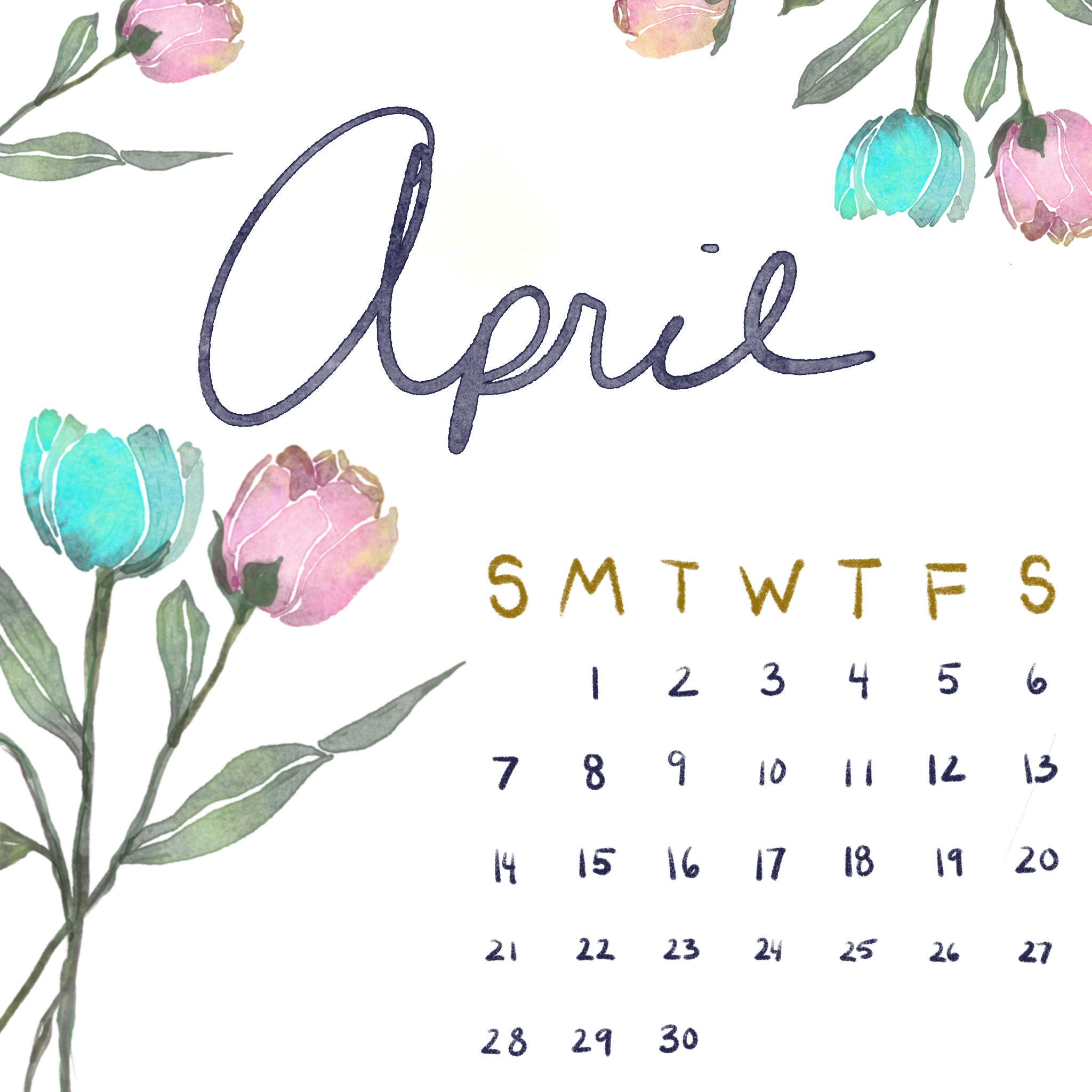 Digital Download Month of April Calendar With Beautiful Water Color ...