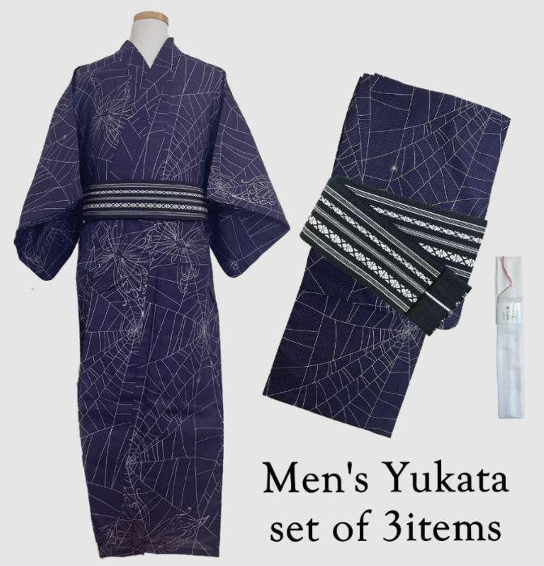 Japanese Traditional Men's YUKATA Full 3pc Set / Spider & Butterfly ...