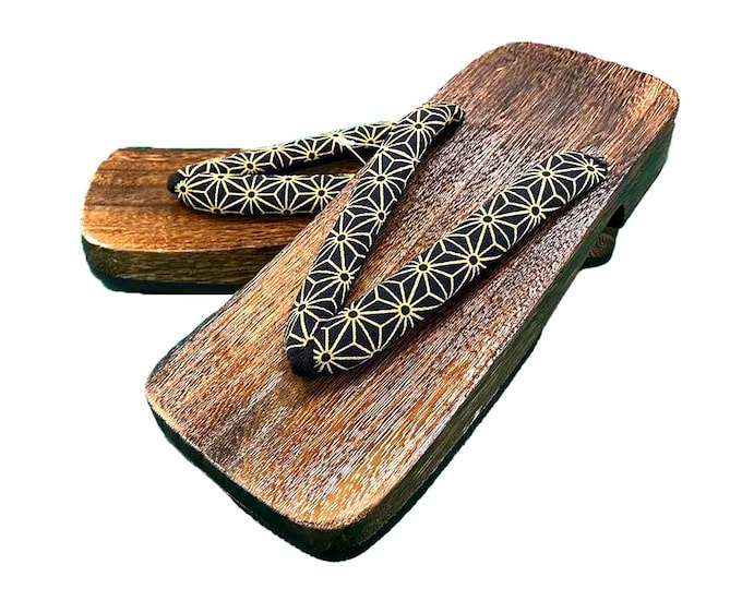 Japanese Men's Geta Sandals / Size 4L, Black & Gold, Geometric Straps ...
