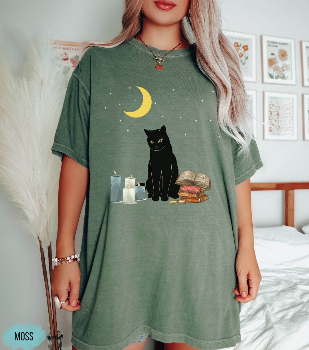 Black Cat Shirt Comfort Colors Vintage Wash Tee Stars Moon Tshirt Spell ...