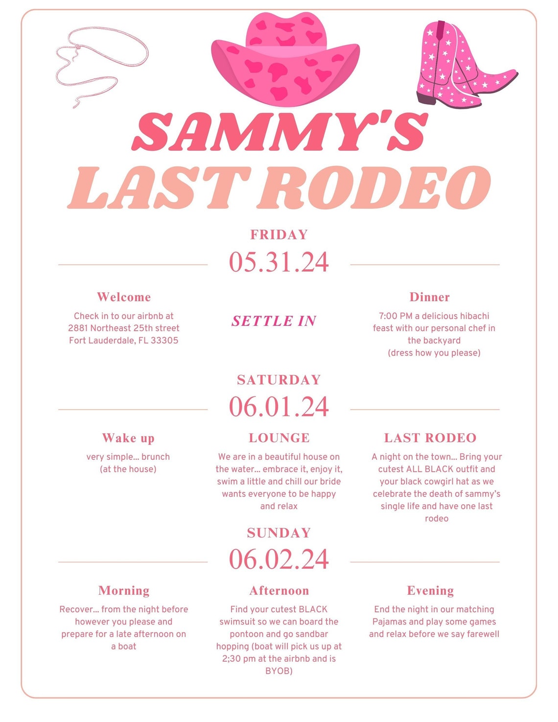 Last Rodeo Girly Bachelorette Itinerary Template - Etsy