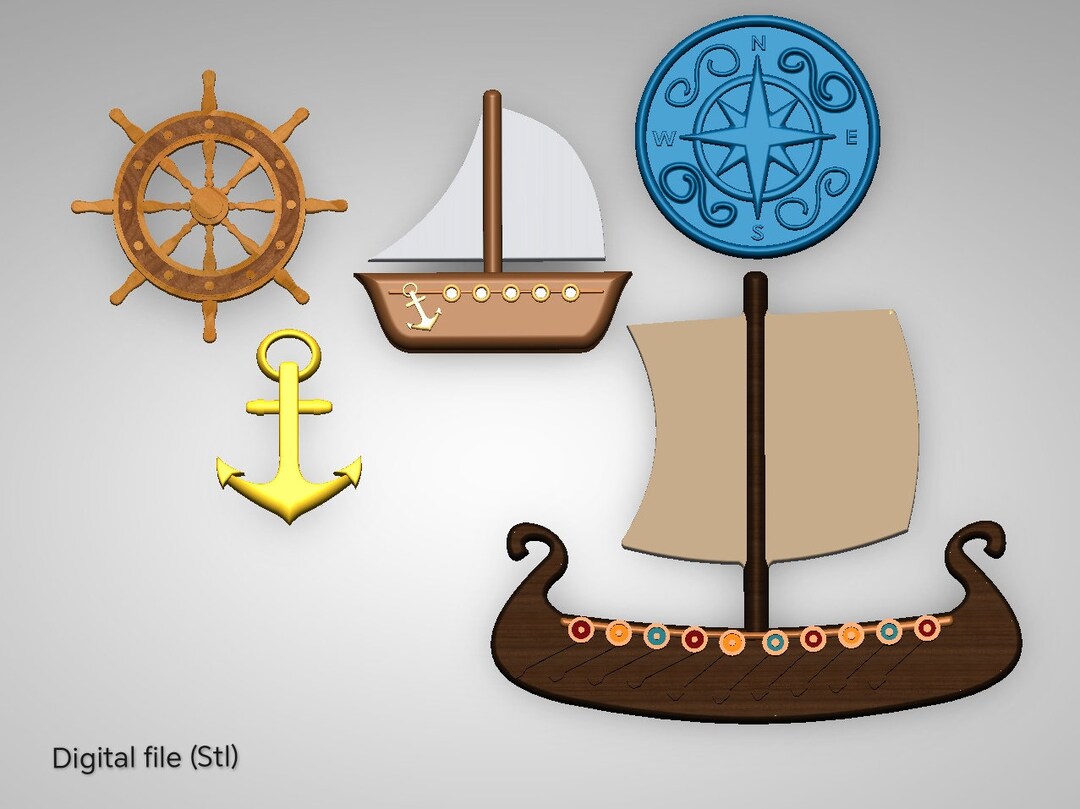 Nautical Digital Files stl Ship, Anchor, Rudder, Viking Ship, Rose Wind ...