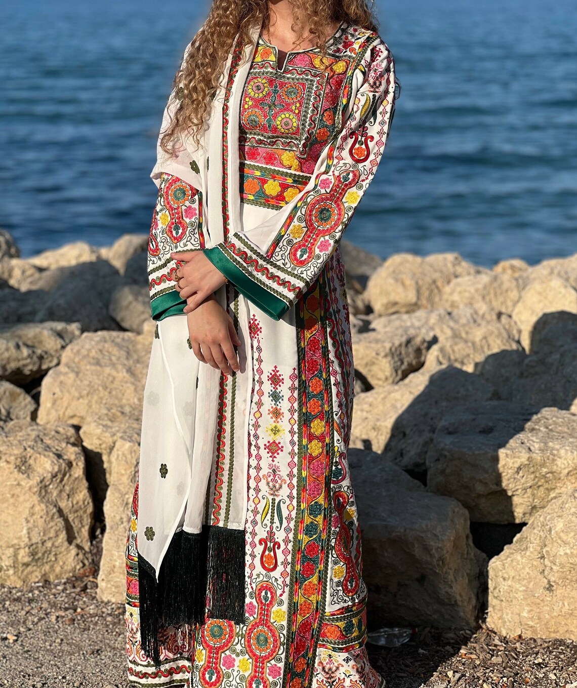 White Thobe With Yellow and Green Patterns and Matching Shall - Etsy