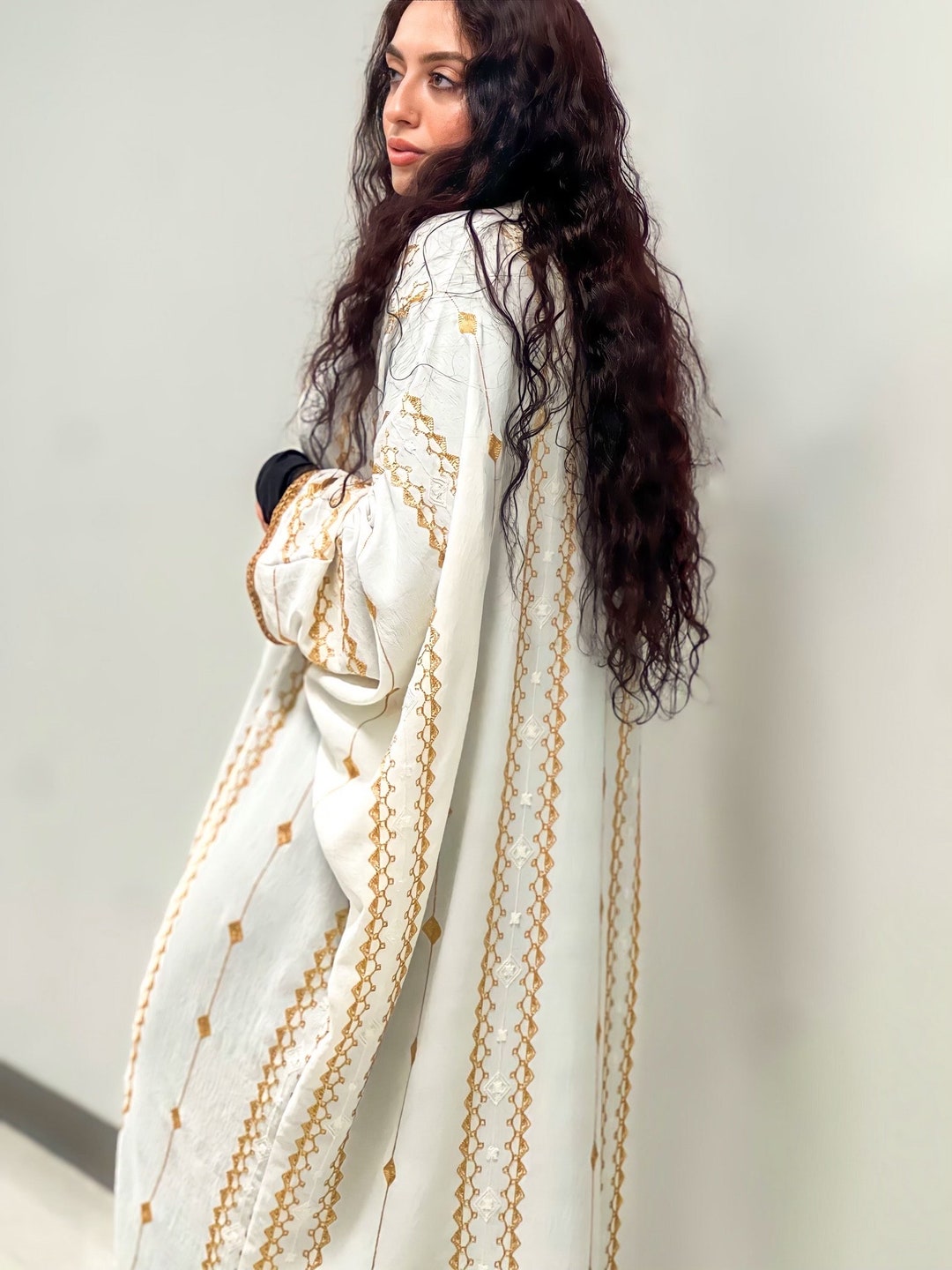 White Gold Embroidered Open Abaya - Etsy