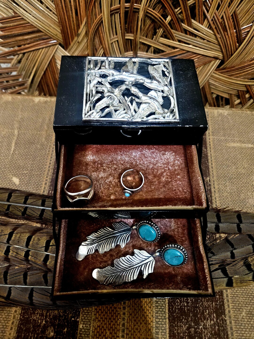 Early 1900s Metal Folding Box With Silver Duck Detail and Pink Velvet ...