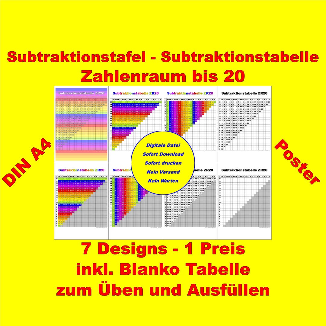 Subtraction Chart DIN A4 for Download 7 Designs, Number Range up to 20 ...