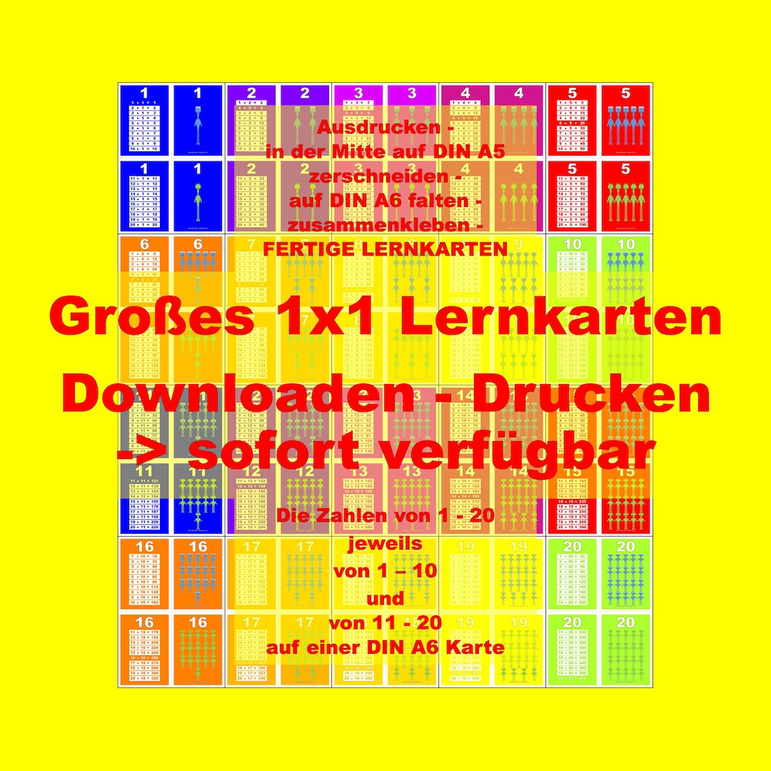 Flashcards Large 1x1 - Multiplication 1-20 in Download (DIN A4 Template ...
