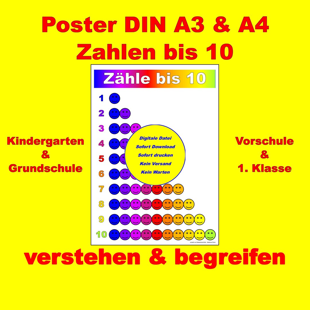 Learning Poster "count to 10" - Colorful Number Poster With Smileys for ...
