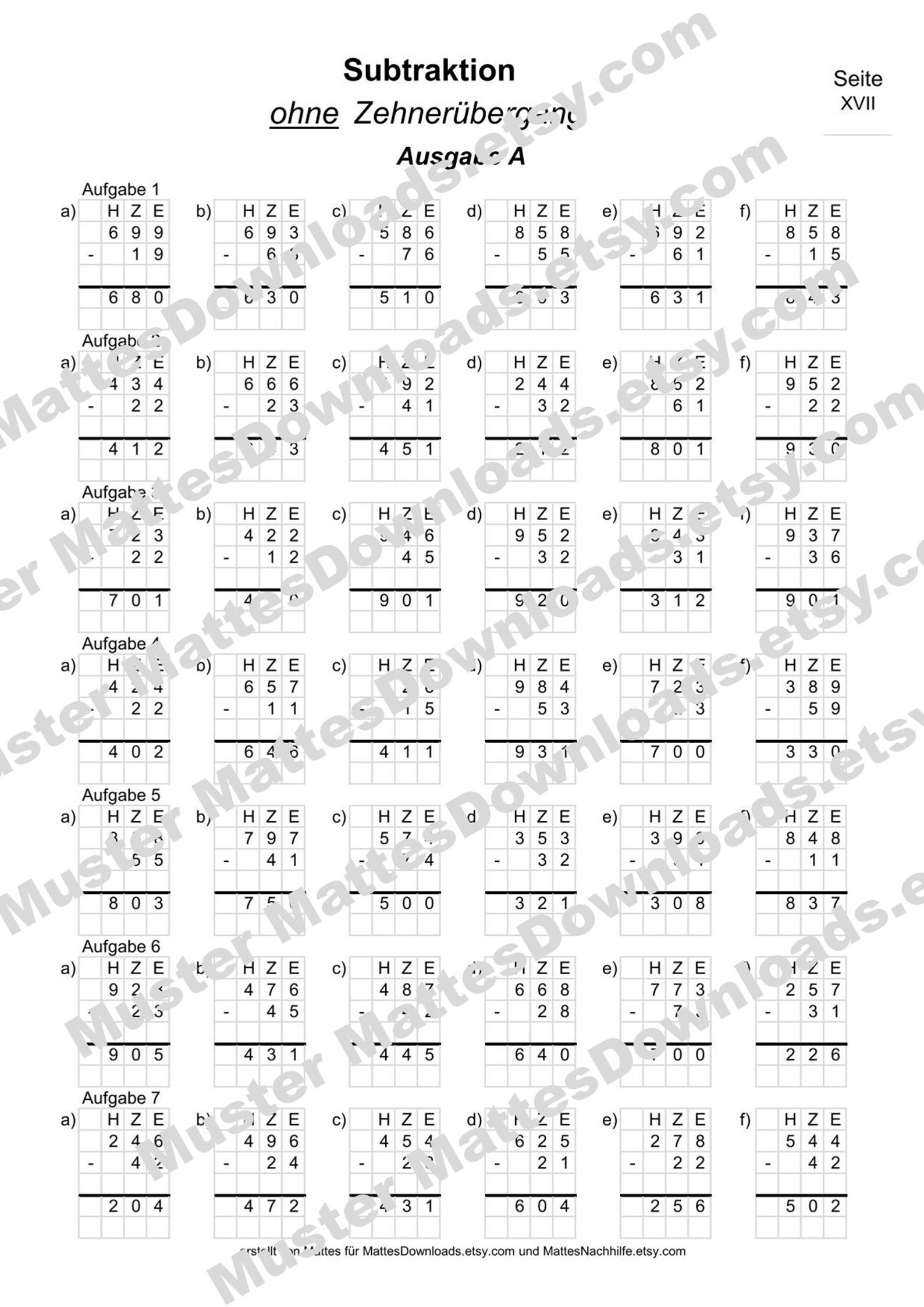 Written Subtraction Number Range up to 1000 Without Transition, 1050 ...