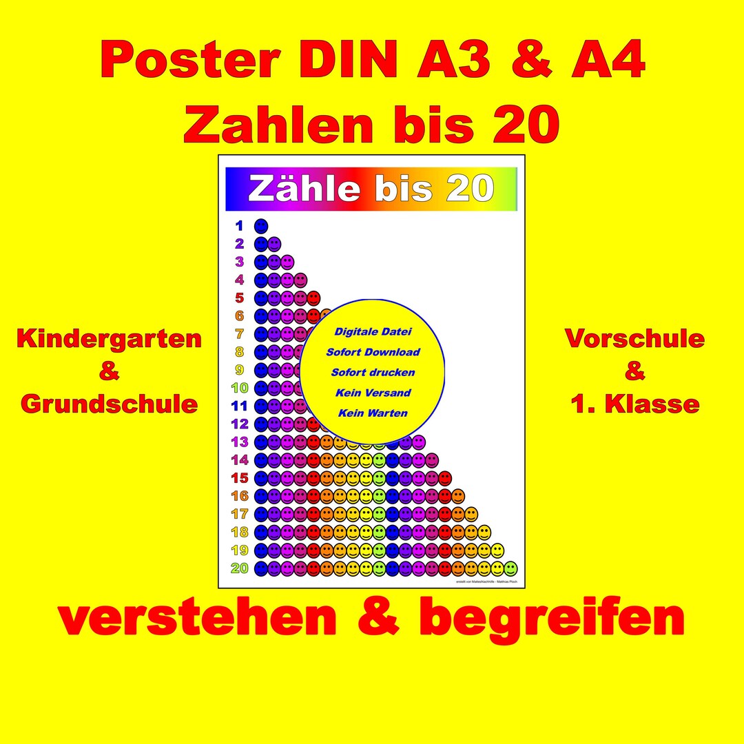 Learning Poster "count to 20" - Colorful Number Poster With Smileys for ...