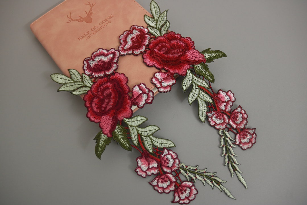 A Pair of Gorgeous Large Red Rose Long Flower Patches, Iron on Patch ...