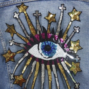 Sequined Evil Eye With Multiple Stars Patch, Iron on Patch, Embroidered Patch, Applique, Patch ...