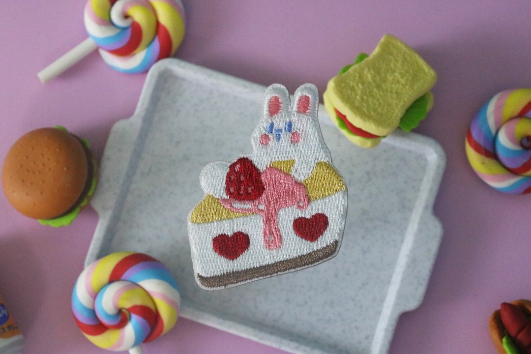 Cute Bunny on the Strawberry Cake Patch, Iron on Patch, Embroidered ...