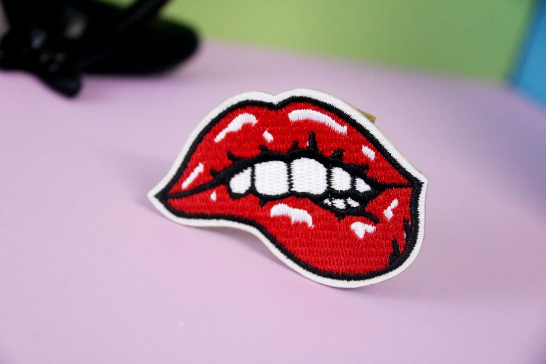 Red Lip Patch, Bit Lip Patch, Iron on Patch, Embroidered Patch, Applique, Patch for Jacket ...