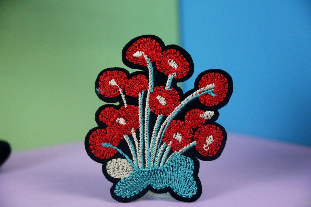 Dandelion Flower Patch, Red, Iron on Patch, Embroidered Patch, Applique ...