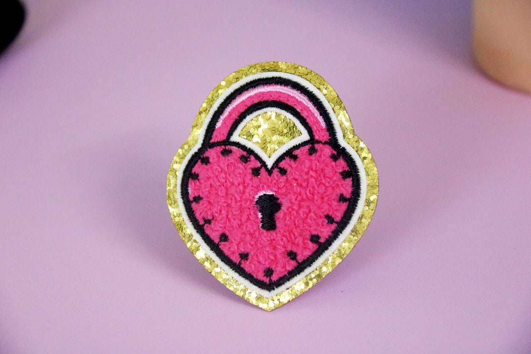 Pink Chenille Heart Lock Patch, Love Lock, Iron on Patch, Embroidered ...