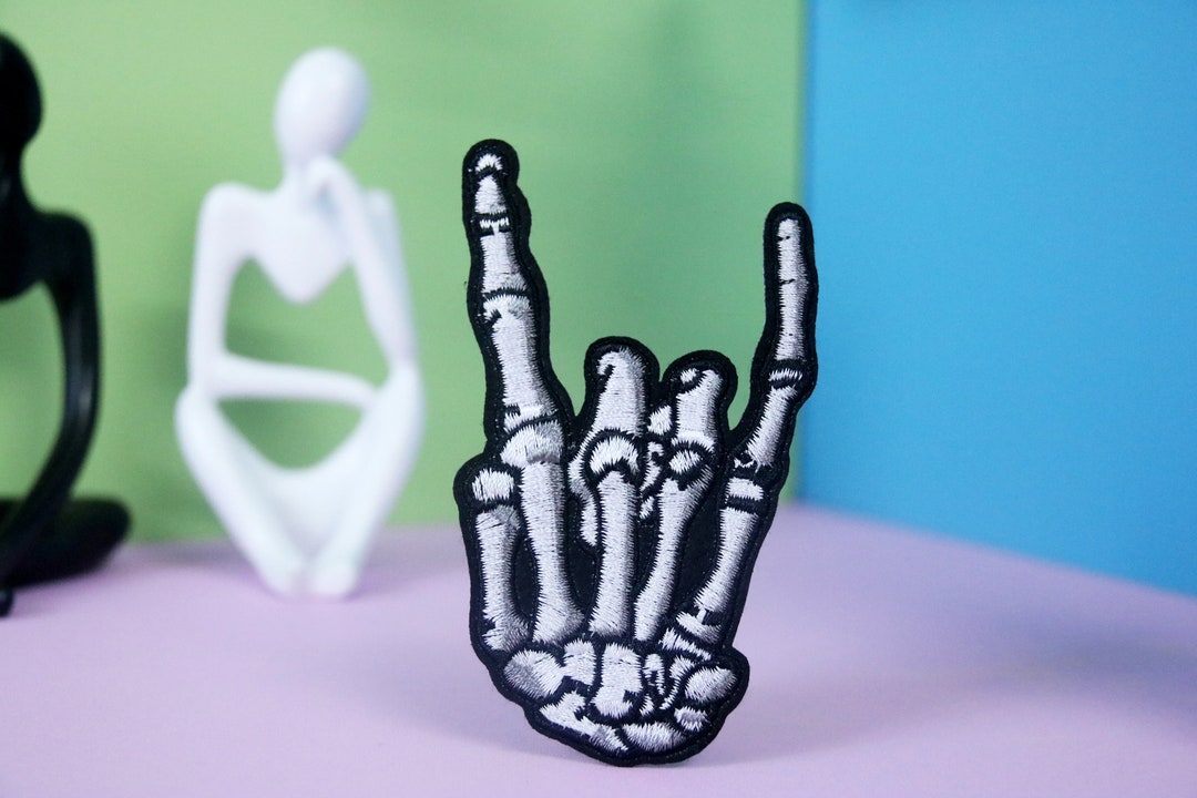 Rock on Patch, Skeleton Finger Patch, Iron on Patch, Embroidered Patch, Applique, Patch for ...