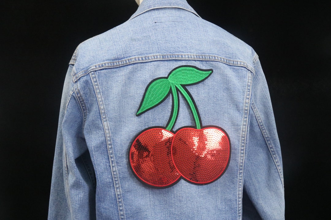 Large Red Sequined Cherry Patch, Iron on Patch, Embroidered Patch, Applique, Patch for Jacket ...