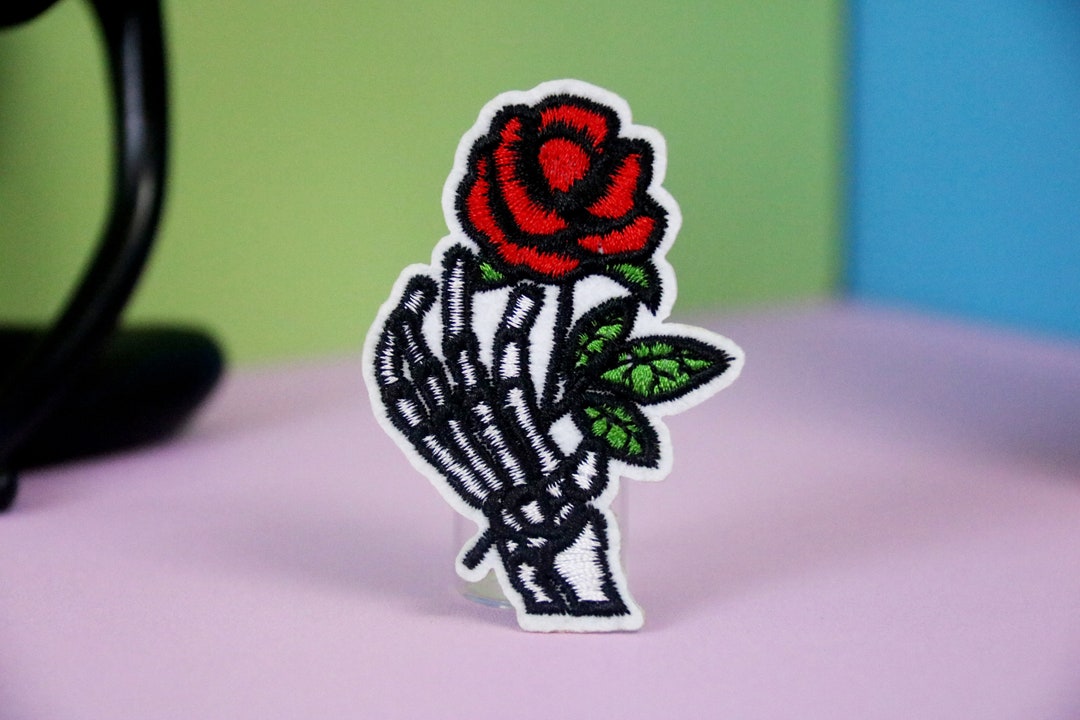 Rose, Flower, Skeleton Hand Patch, Iron on Patch, Embroidered Patch, Applique, Patch for Jacket ...