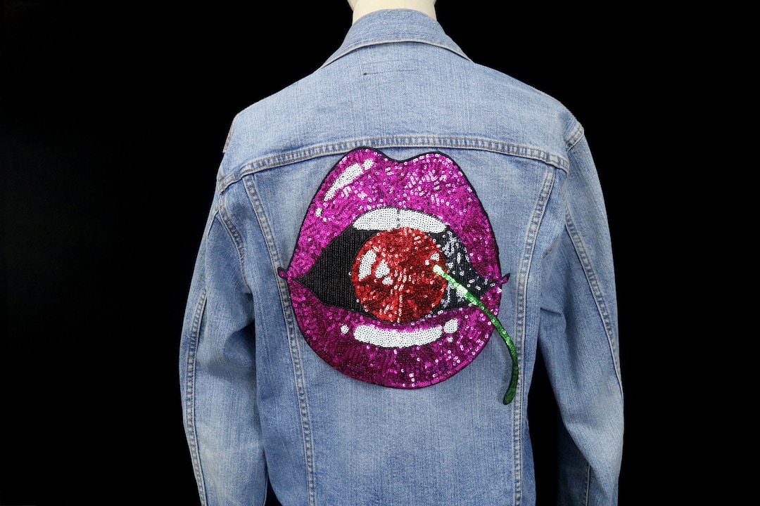 Large Sequined Bite Cherry Patch, Mouth Patch, Iron on Patch ...