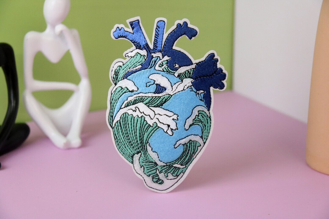 Blue Wave Heart Patch, Iron on Patch, Embroidered Patch, Applique ...