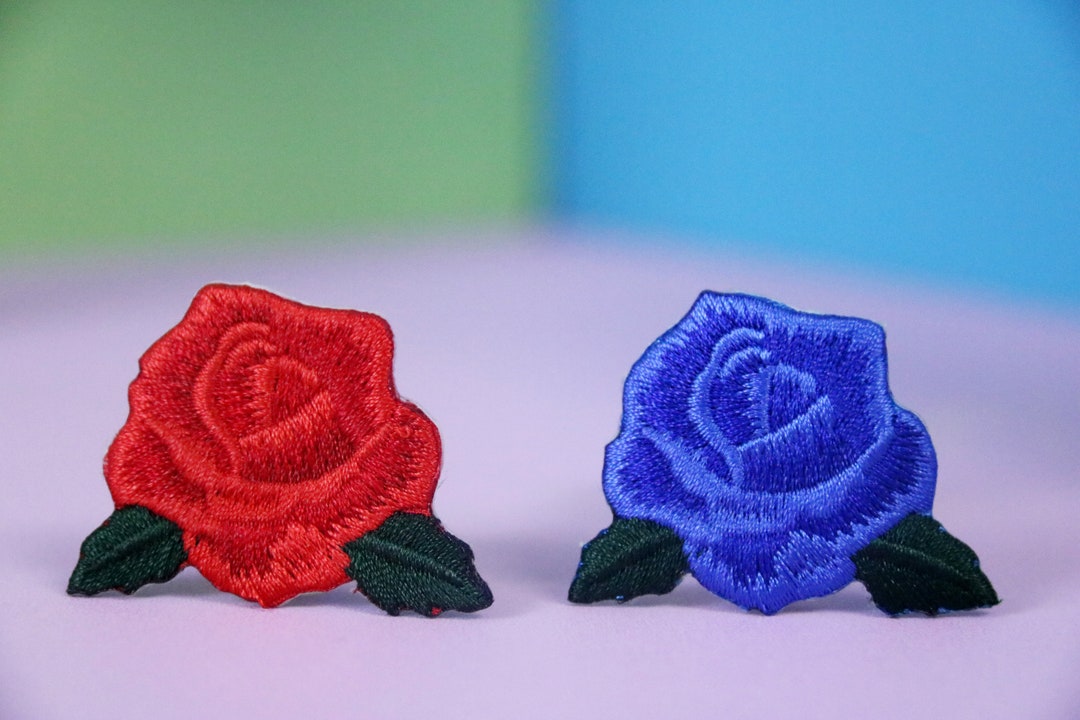 Little Tiny Gorgeous Red Rose Patch, Blue, Iron on Patch, Embroidered ...