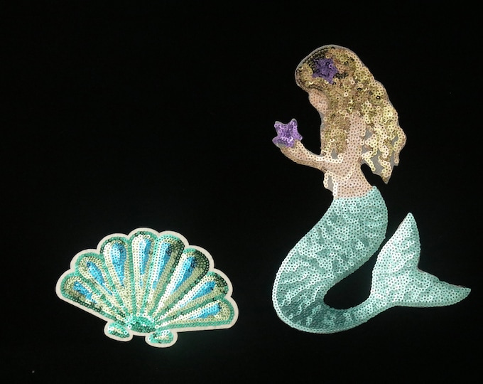 Large Sequined Mermaid Patch, Sea Shell Patch, Iron on Patch ...