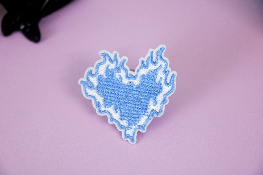 Flaming Blue Heart Patch, Iron on Patch, Embroidered Patch, Applique ...
