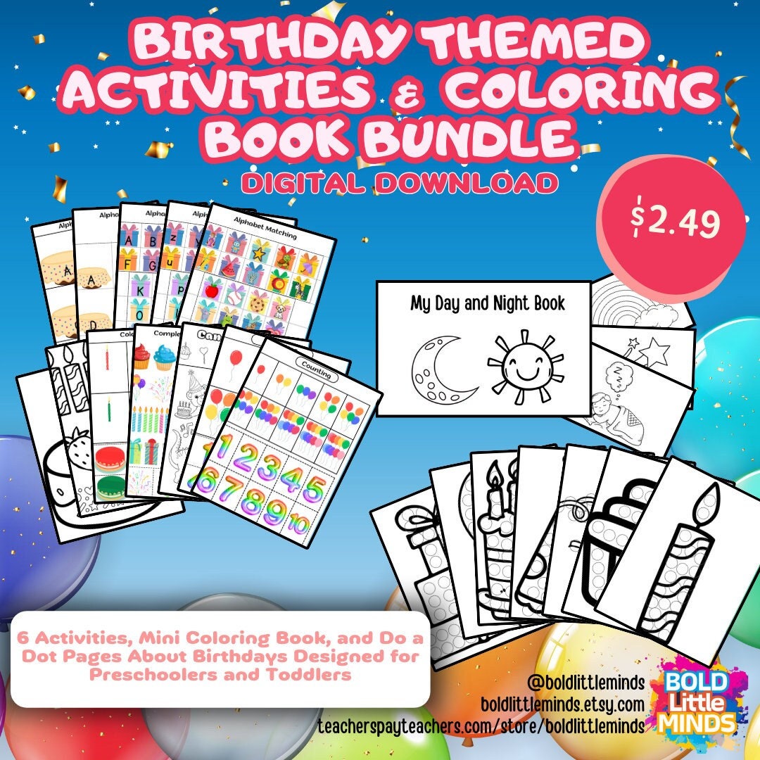 Birthday Themed Printable Activity Bundle for Preschoolers and Toddlers ...
