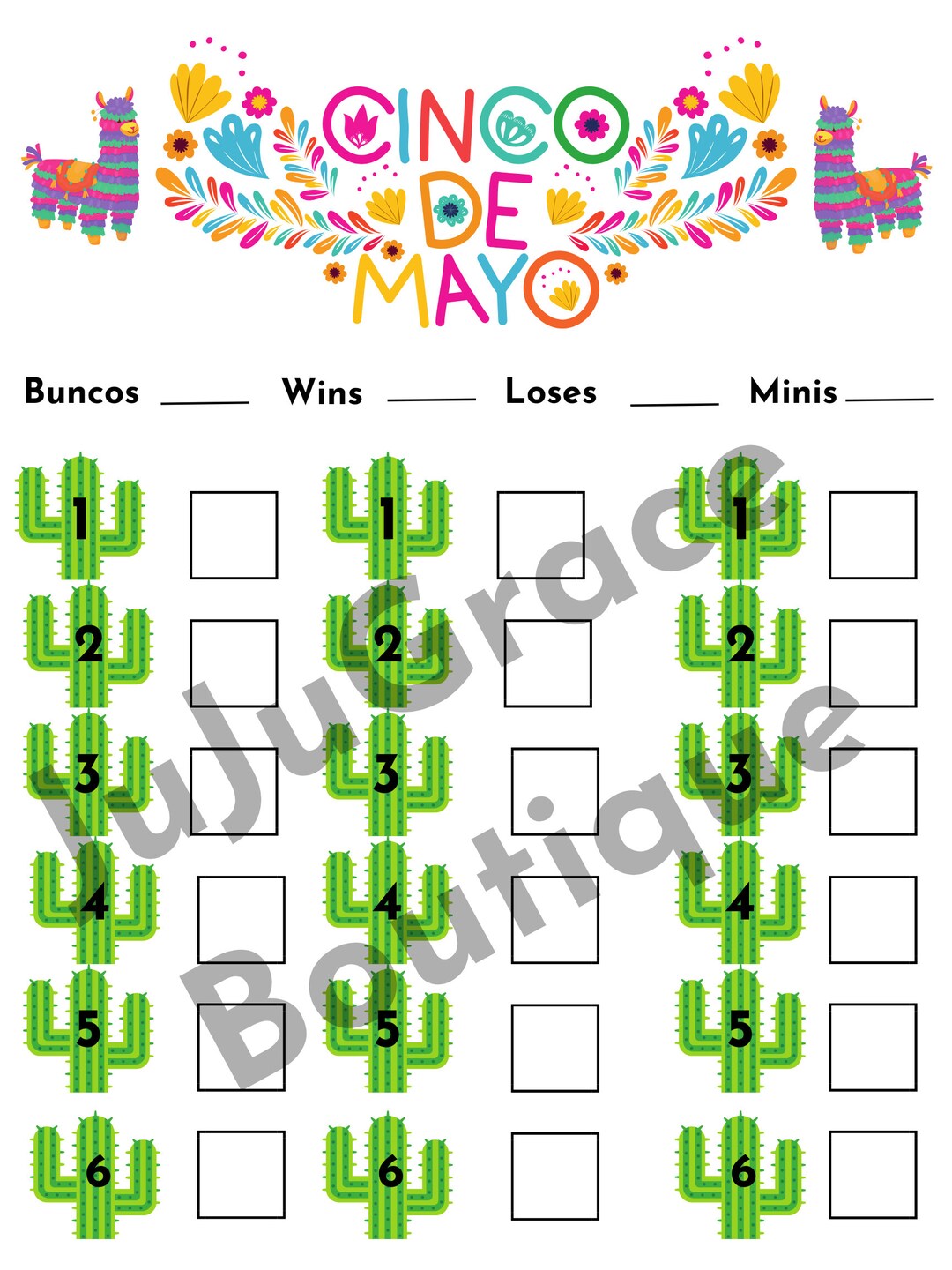 Cinco De Mayo Cactus & Llama Bunco Sheet Card, Table Cards and Ghost ...