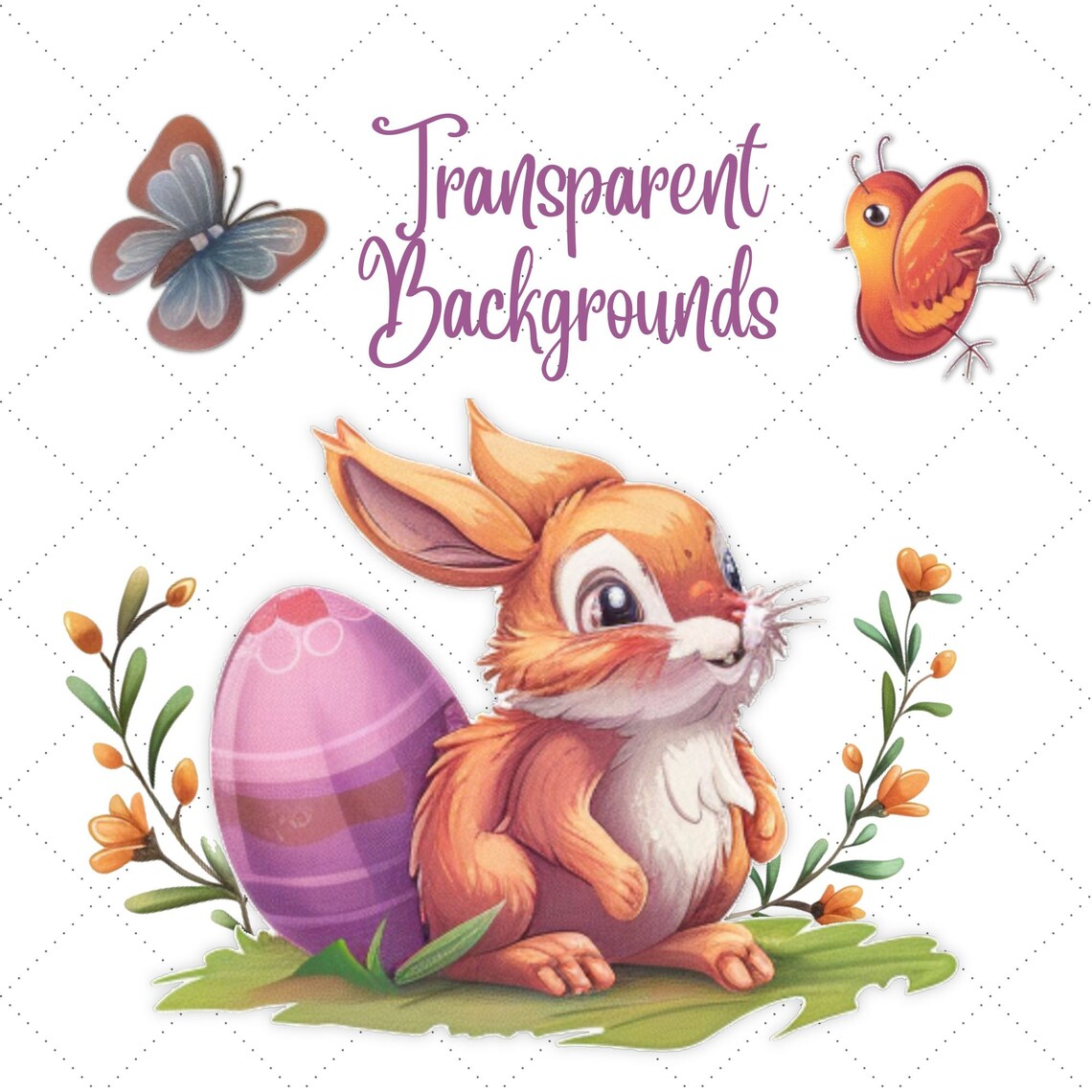 Cute Colorful Easter Clipart Image Set, Bunnies, Flowers, Leaves ...