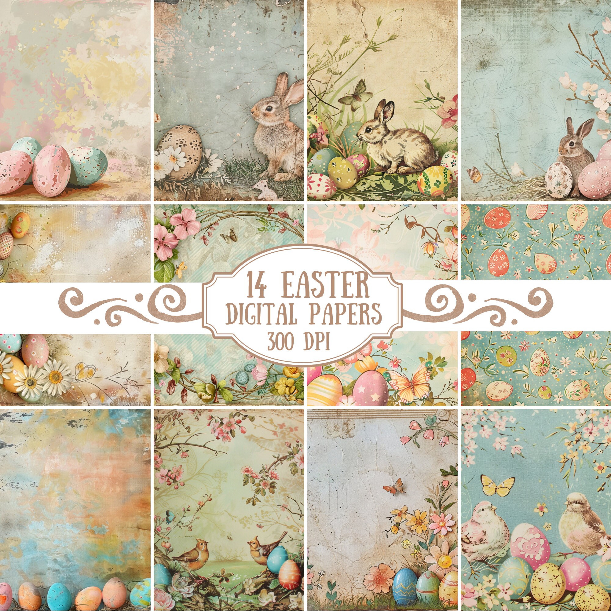 14 Vintage Easter Background Digital Papers, 300 Dpi Commercial Use ...