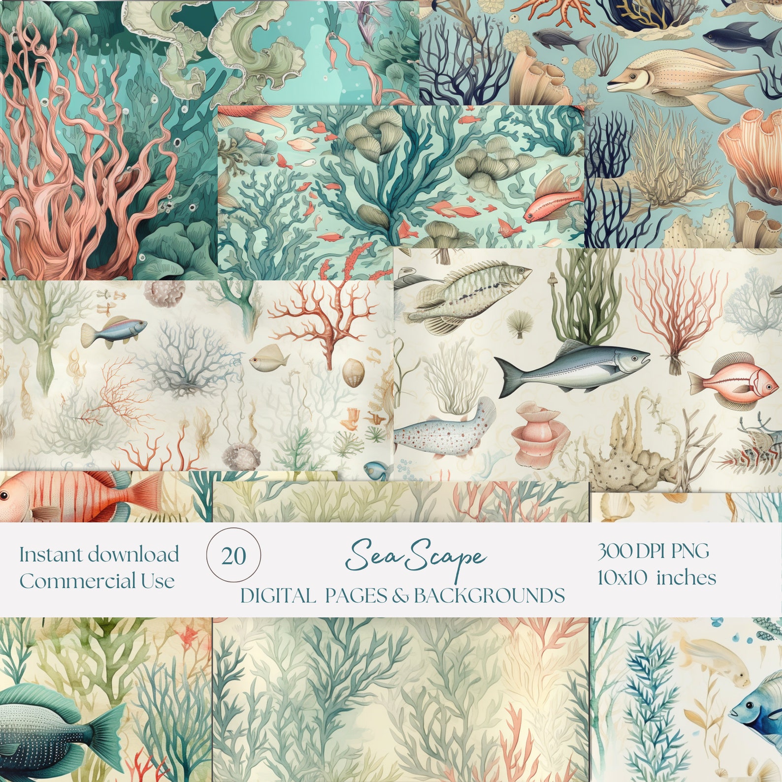 Seascape Under the Ocean Watercolor Backgrounds, Instant Download ...