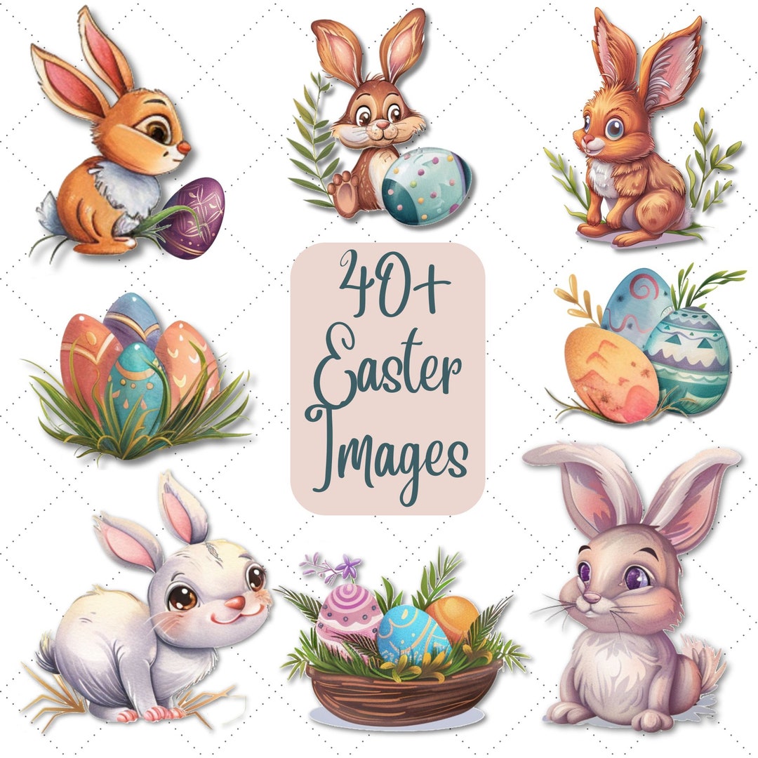 Cute Colorful Easter Clipart Image Set, Bunnies, Flowers, Leaves ...