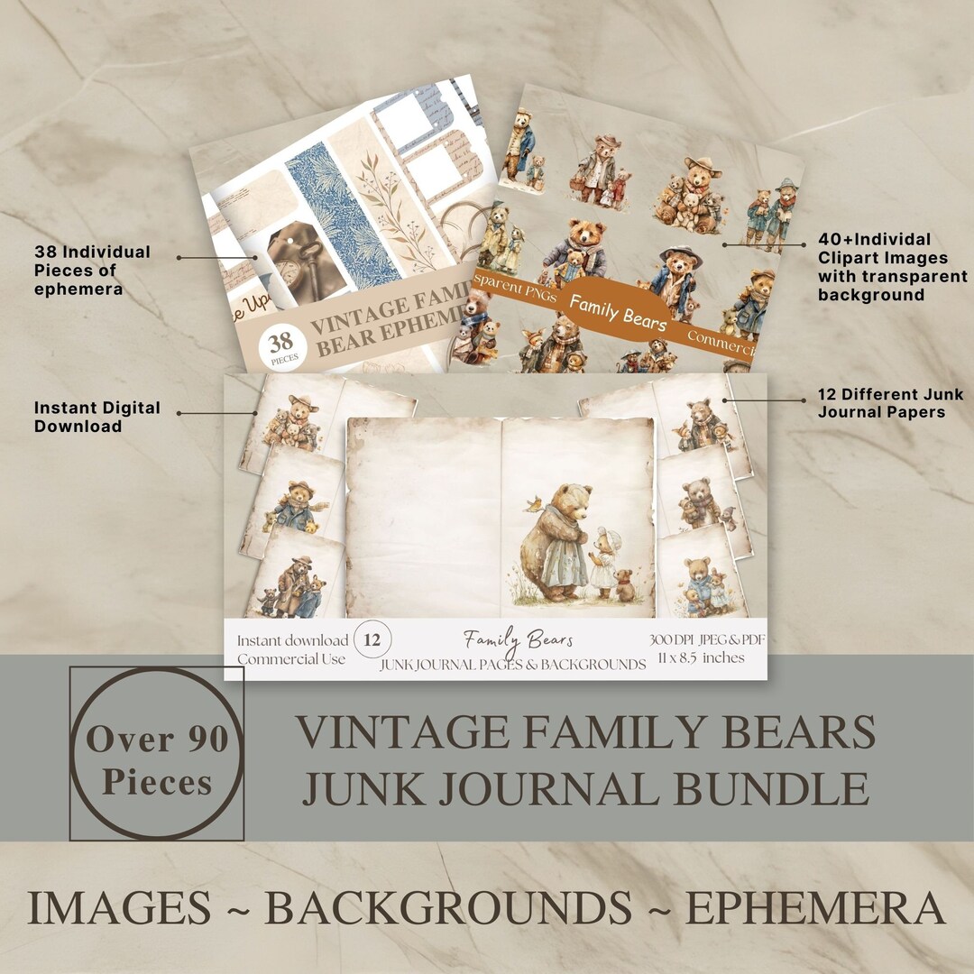Vintage Bear Family Junk Journal Kit, Clipart, Background Papers ...