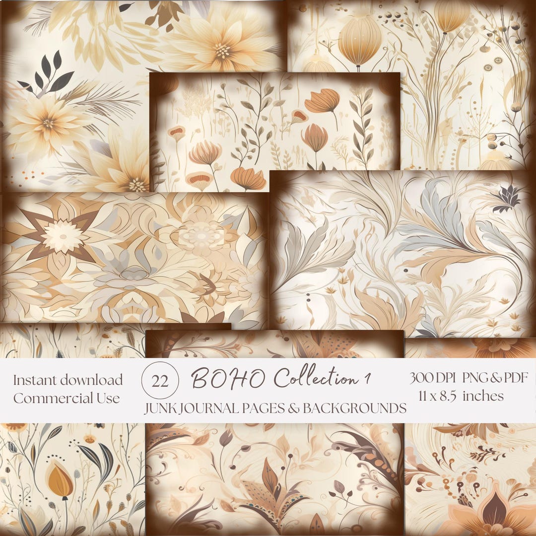 Vintage BOHO Collection 1 Junk Journal Paper, Backgrounds, Floral ...
