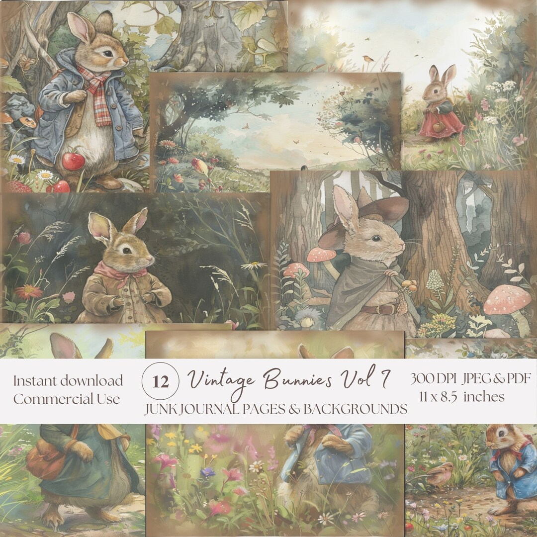 Vintage Rabbit Junk Journal Watercolor Papers | Background Clipart ...