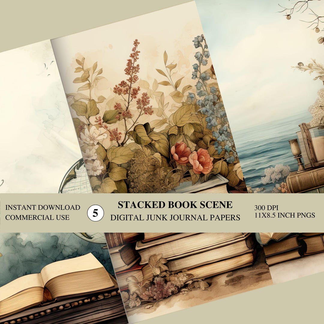 Stacked Book Scene Junk Journal Paper, Backgrounds, Printable ...