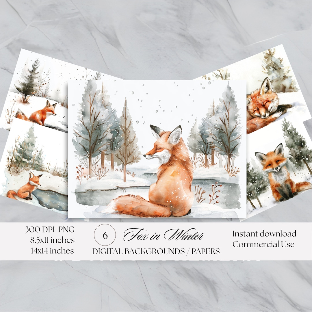 Winter Fox Watercolor Background Papers, Instant Download, Printable ...