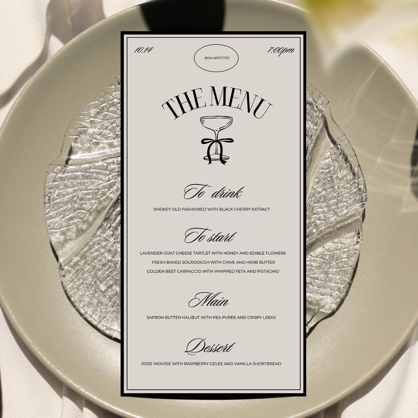Coquette Martini Menu & Name Card Template: Elegant Black and White ...