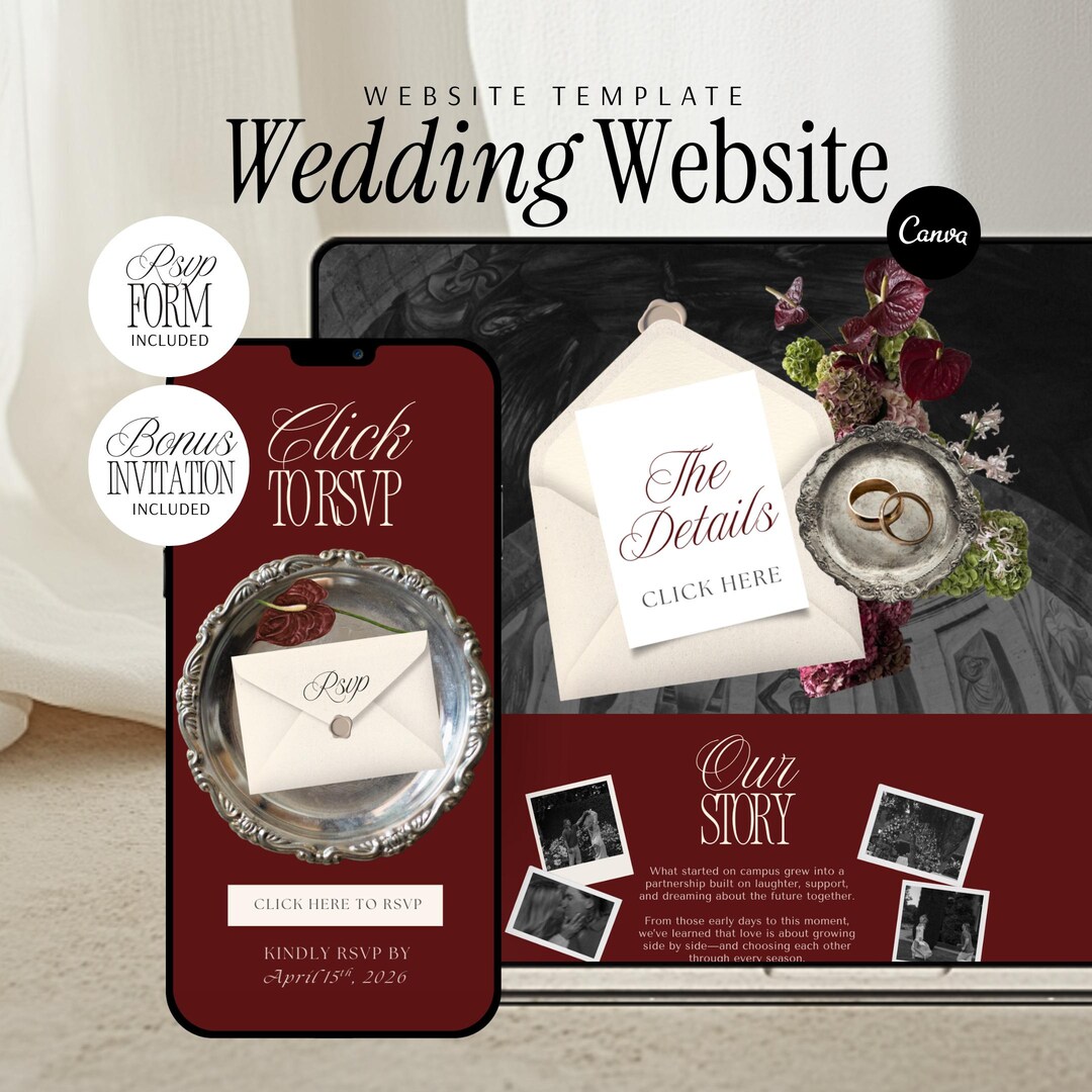 Elegant Burgundy White Wedding Website Template: Minimalist DIY Digital ...