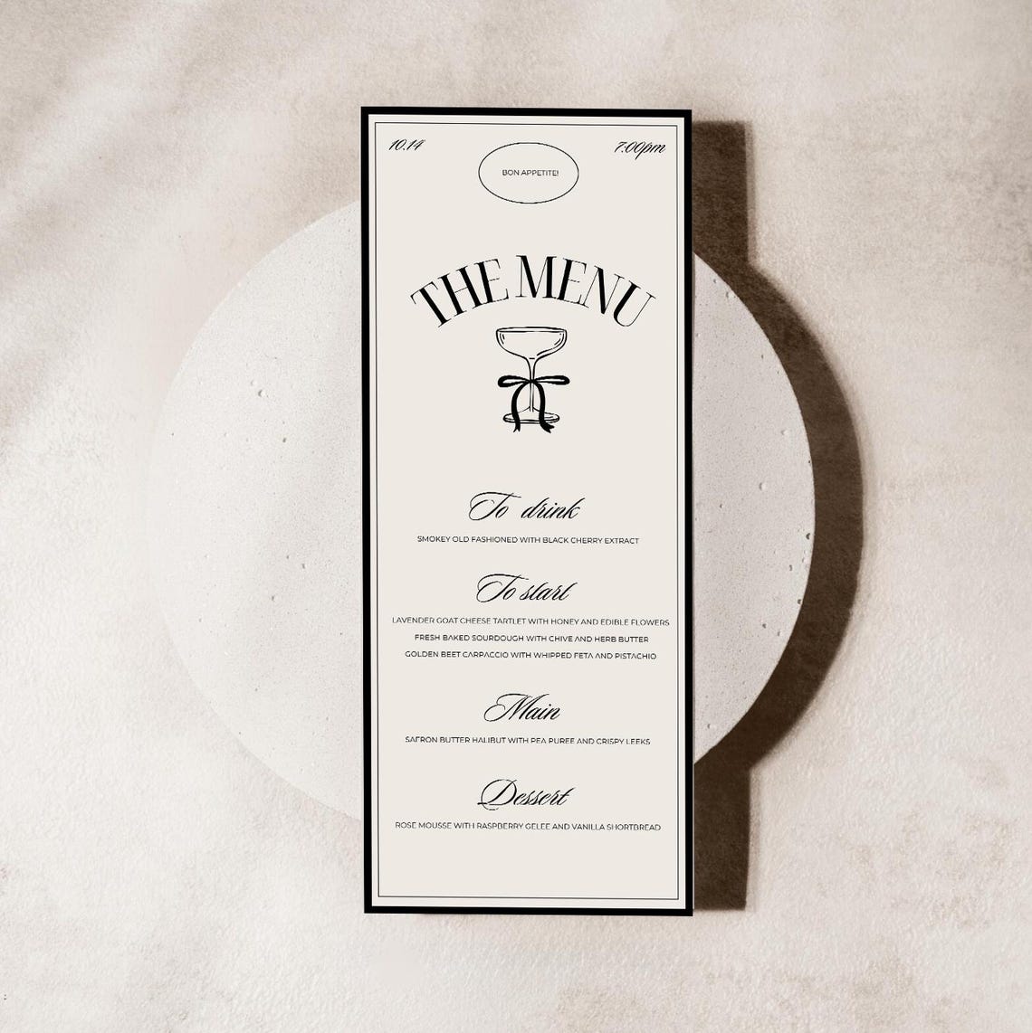 Coquette Martini Menu & Name Card Template: Elegant Black and White ...