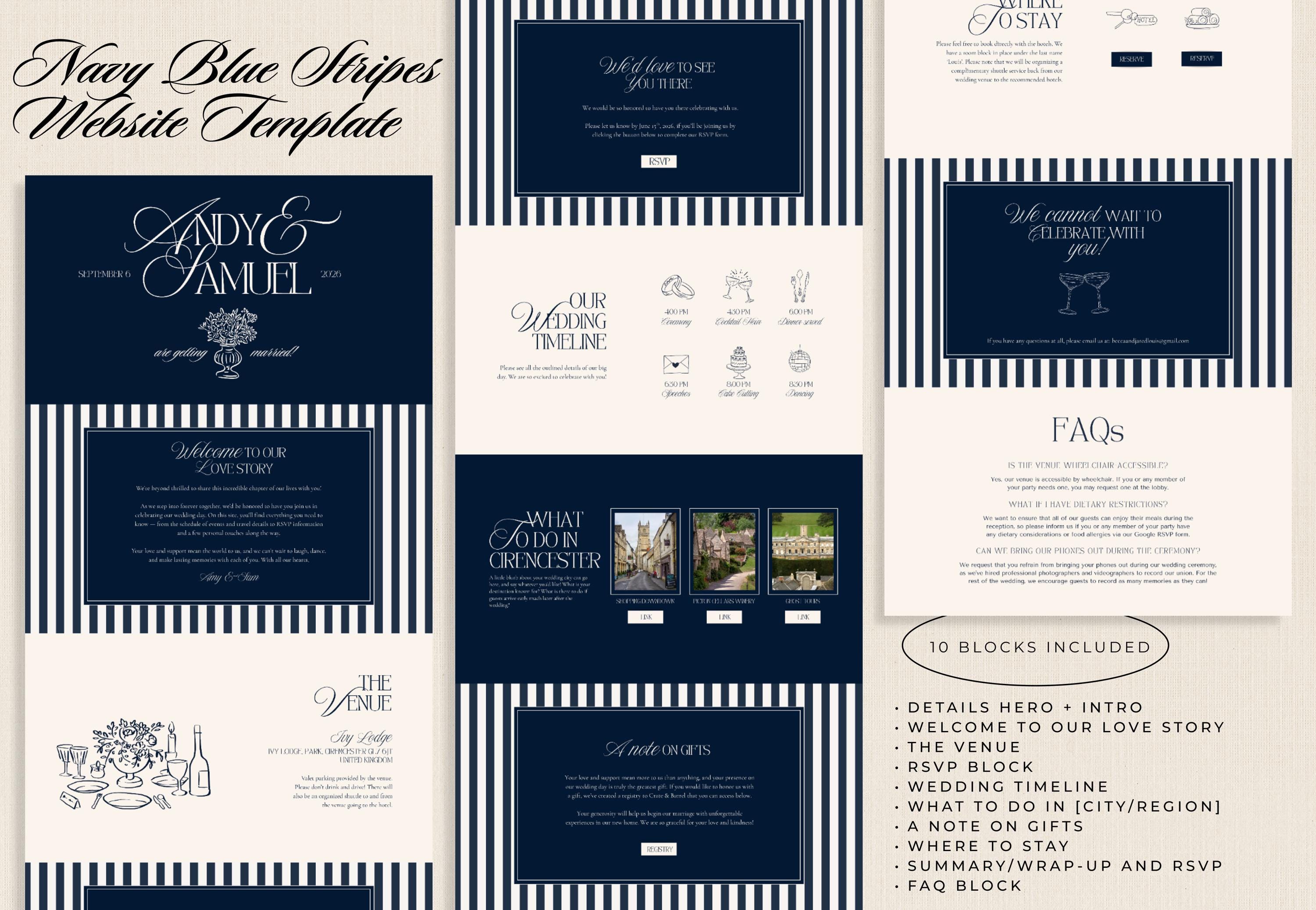Navy Blue Stripes Wedding Website Template: Elegant Old Money Editable ...