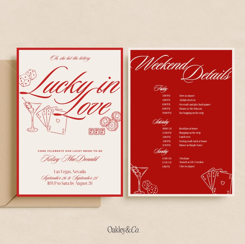 Vegas Bachelorette Invitation & Itinerary: Lucky in Love Casino Theme ...